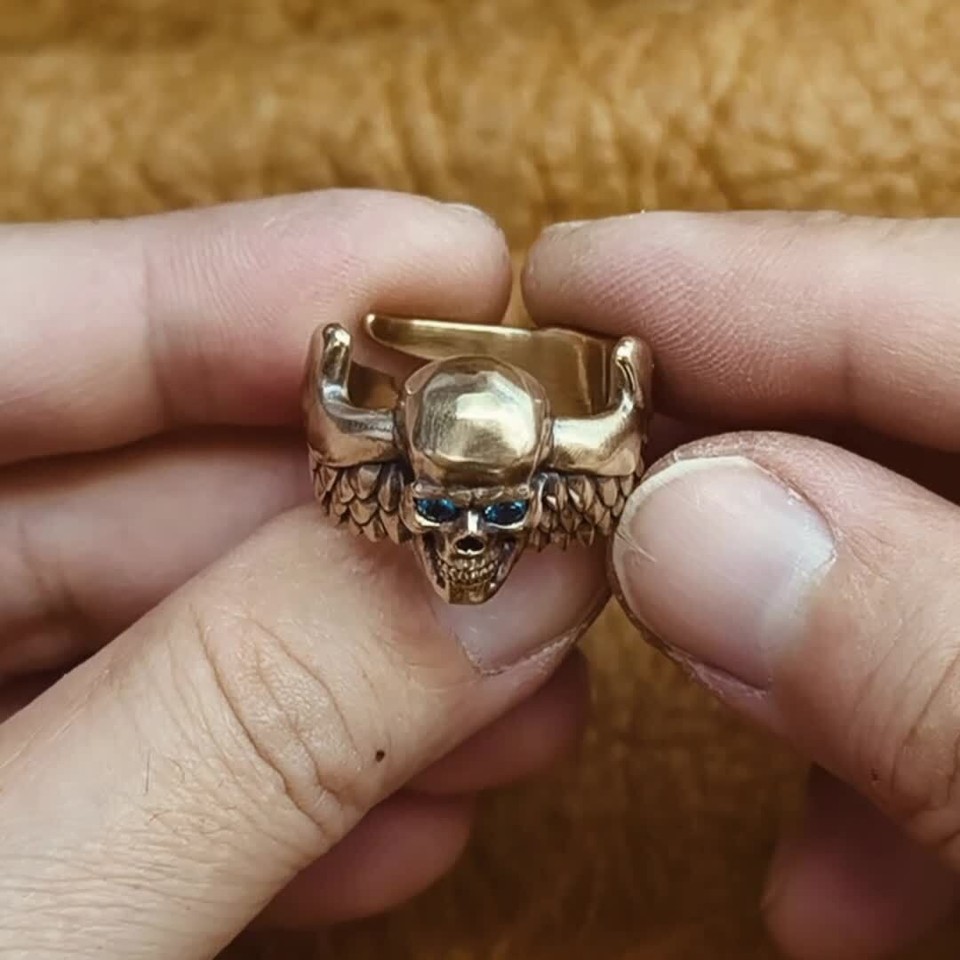 Blue CZ Eyes Brass Flying Skulls Wing Charms Ring BR446B UK Size L½~Z5 ...