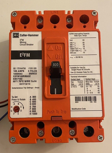 CUTLER HAMMER (EATON) E2FM100RMA02 E2 MINING MOLDED CASE CIRCUIT ...