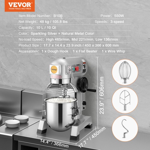 VEVOR Commercial Electric Food Mixer Stand Mixer 10Qt Dough Mixer 3 ...
