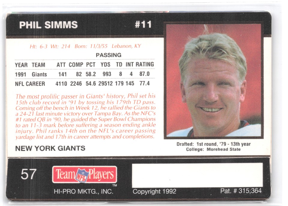1992 Action Packed Rookie/Update #57 Phil Simms | eBay
