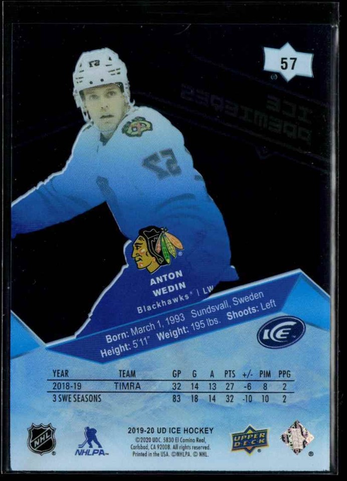 2019-20 Upper Deck Ice Anton Wedin RC 0837/1299 #57 | eBay