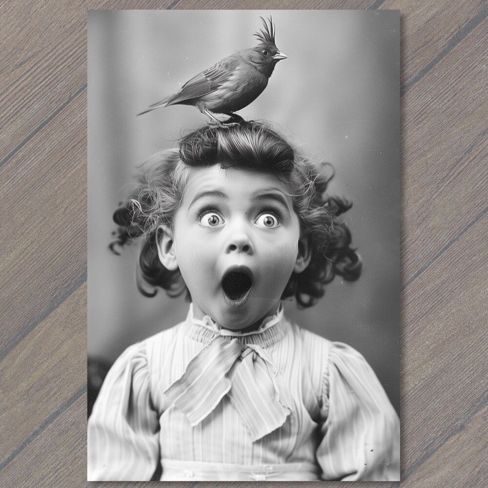 POSTCARD Young Girl With Bird On Head Surprised Funny Giant Smile Happy ...