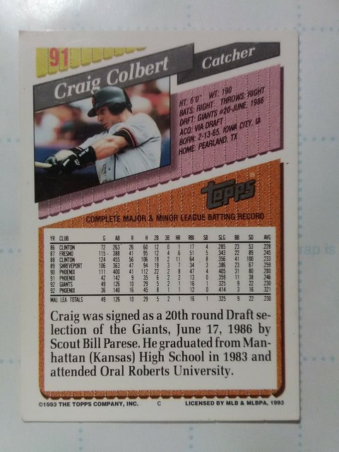 1993 Topps - #91 Craig Colbert for sale online | eBay