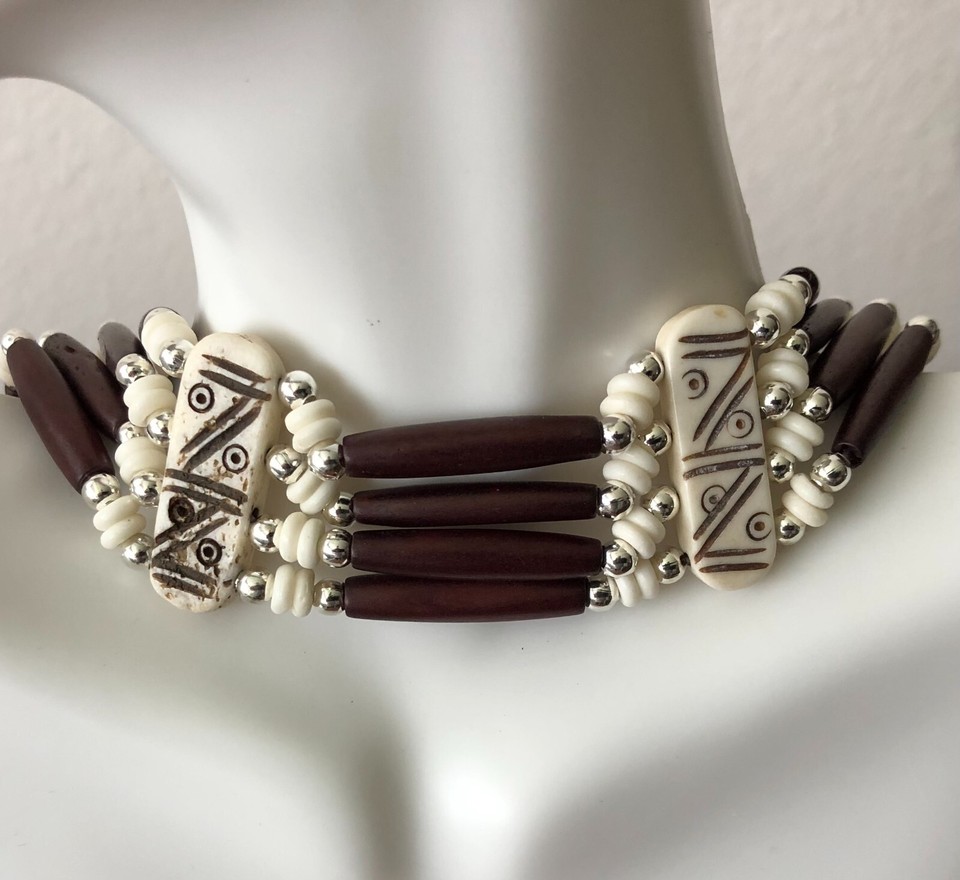 Native American Indian Tribal Buffalo Bone Choker Necklace Beaded ...