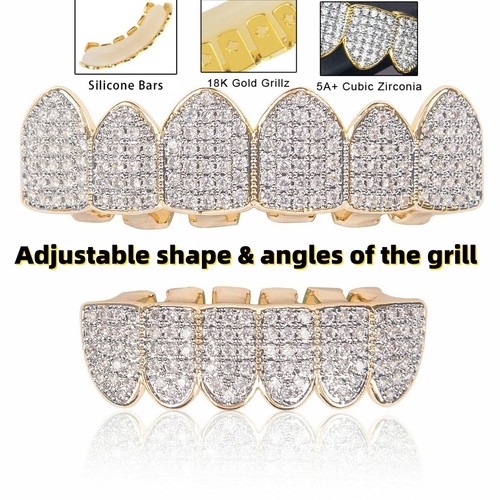 18K Gold Plated Hip Hop Teeth Grillz Top Bottom Mouth Diamond Grill Set ...