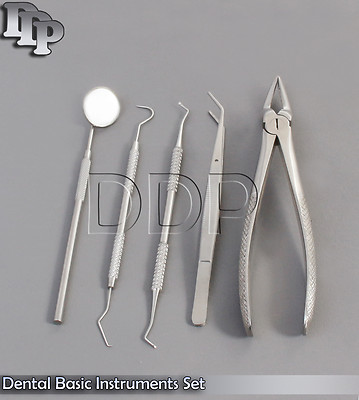 5 Dental Basic Instruments Set Mirror, Plier, Explorer, Extracting ...