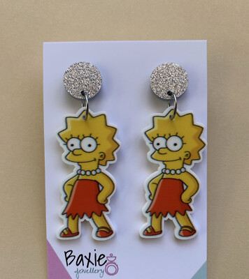 Cartoon Simpsons Style Earrings, Lisa, Surgical Stud, Silver Glitter ...