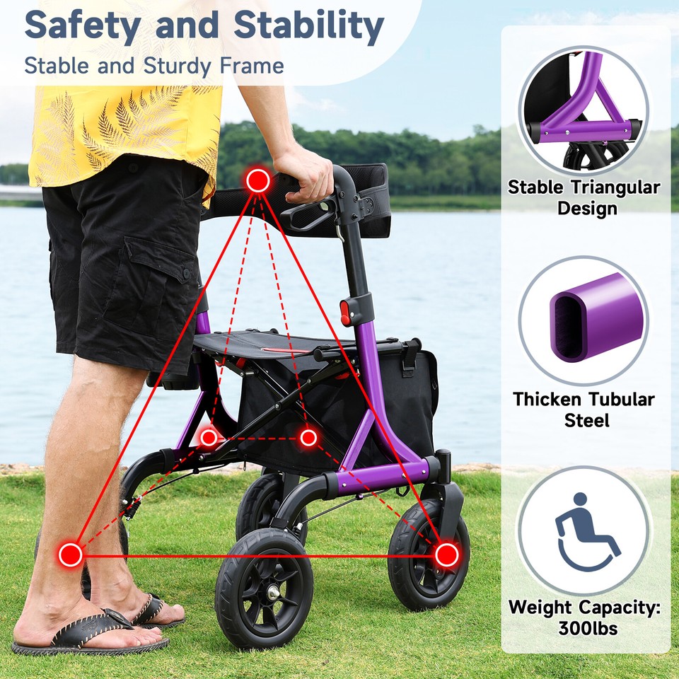 All-Terrain Rollator Walker for Seniors Rubber Wheels Foldable ...