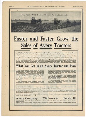 1915 Avery Co. Ad: Avery Tractors Pictured at Fremont Nebraska Plowing ...