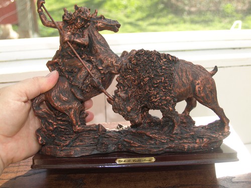 Vintage DMB COLLECTION figure of Native American & Buffalo on wood base ...