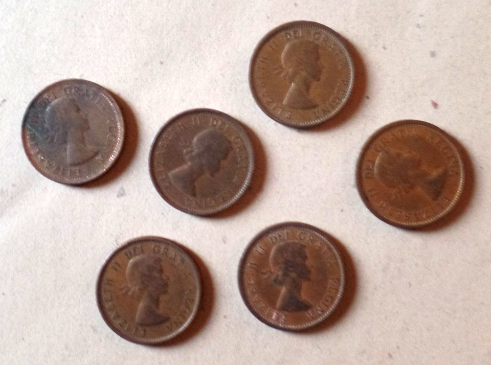 6 Vintage 1963 CANADA 1 CENT ELIZABETH II DEI GRATIA REGINA Bronze Tone ...