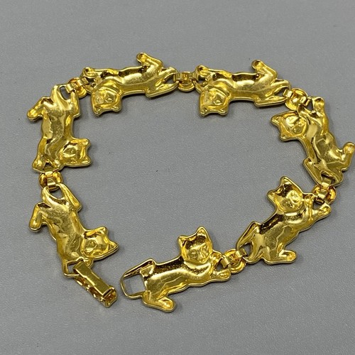 Cat Chain Link Bracelet Shiny Gold Tone Playing Ball Fold Over Animal ...