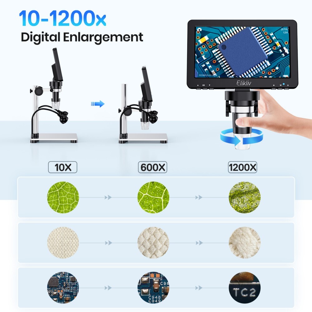 Elikliv Digital Microscope 7'' Screen 1200X Coin Insect Stamp Magnifier ...