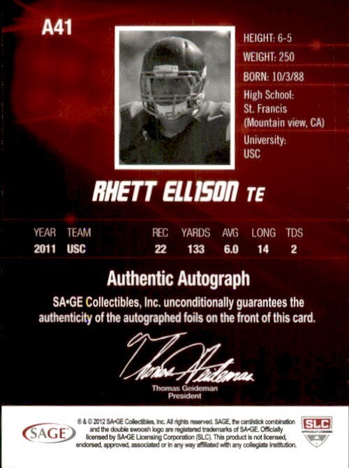 Rhett Ellison 2012 Sage HIT Autograph #A41 Rookie USC Trojans Football ...