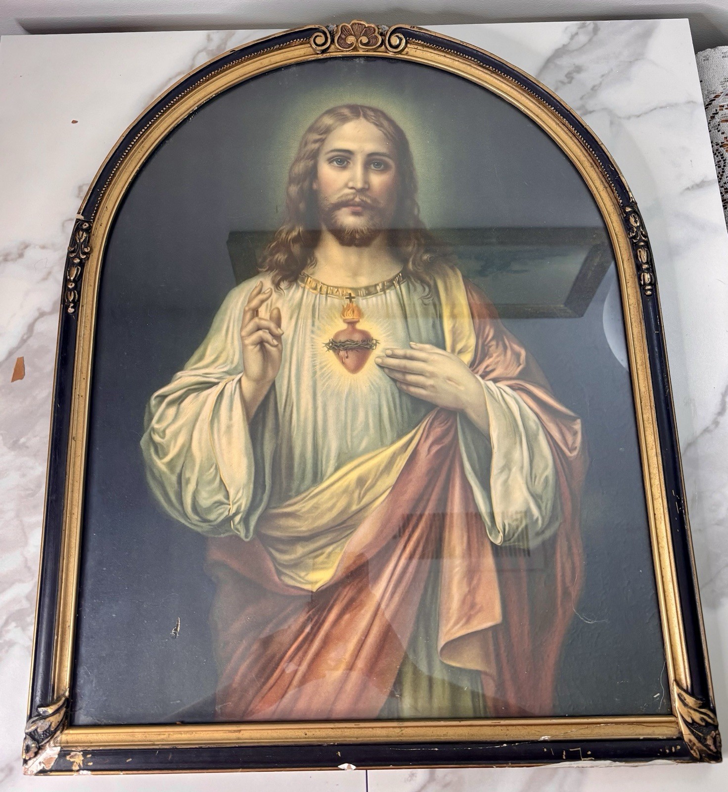 Vintage Ornate Curved Framed Picture Scared Heart Of Jesus Print 21.6 ...