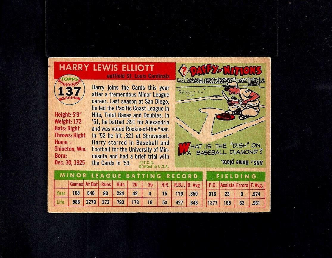 1955 TOPPS #137 HARRY ELLIOTT--(RC)--CARDINALS--NO CREASES--VG/EX/EX | eBay