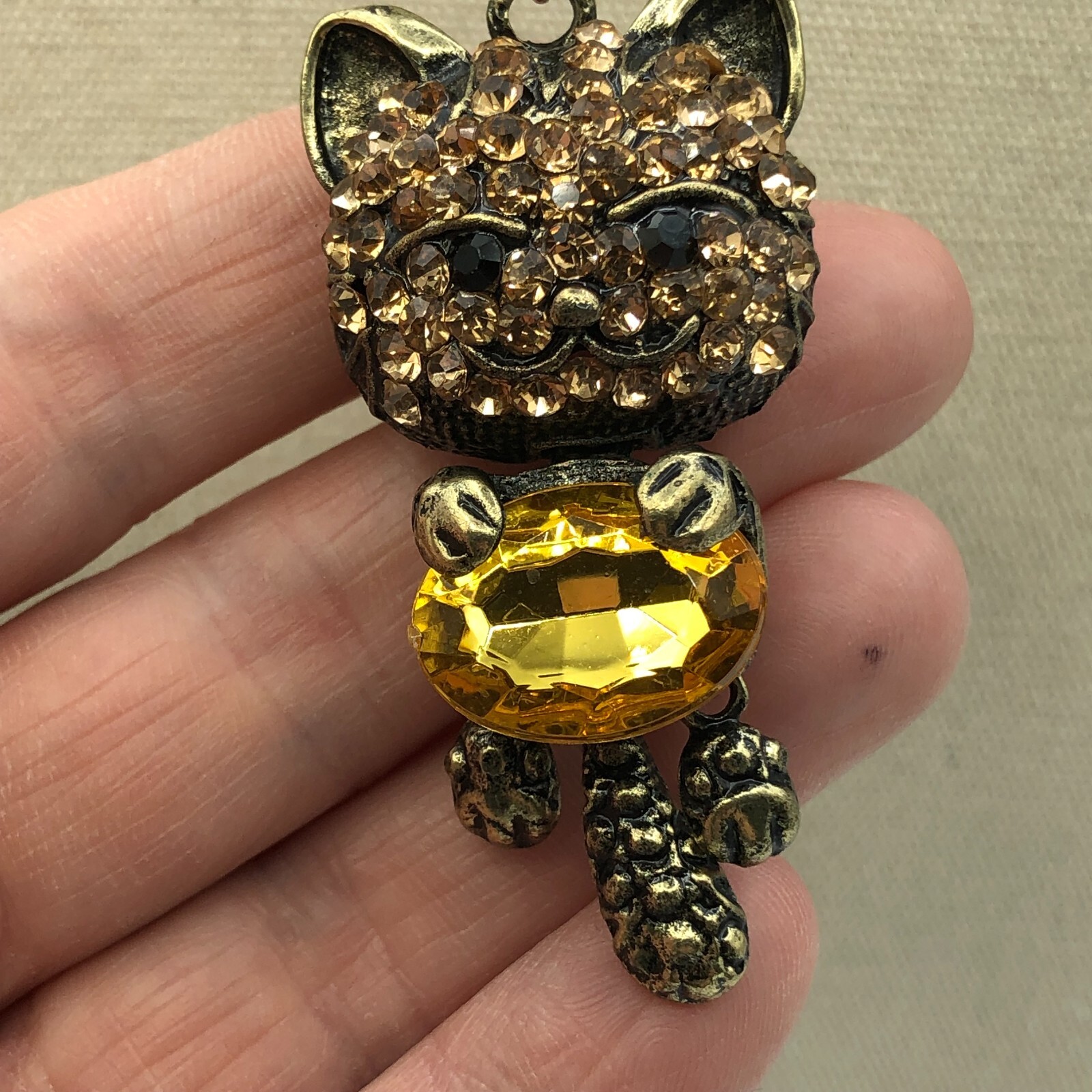 Cat Pendant Necklace 3D Articulated Distressed Dark Gold Tone Long ...