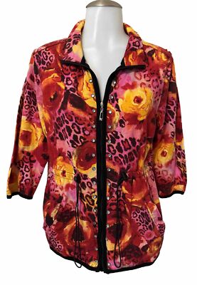 Onque Casuals Top/ Jacket Floral Bling Zip Adjustable Waist Pockets 3/4 ...