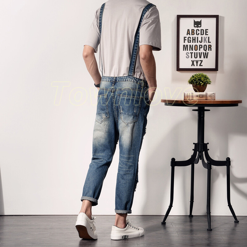 Men Slim Ripped Hole Casual Denim Overalls Jumpsuit Jeans Cowboy Pants ...