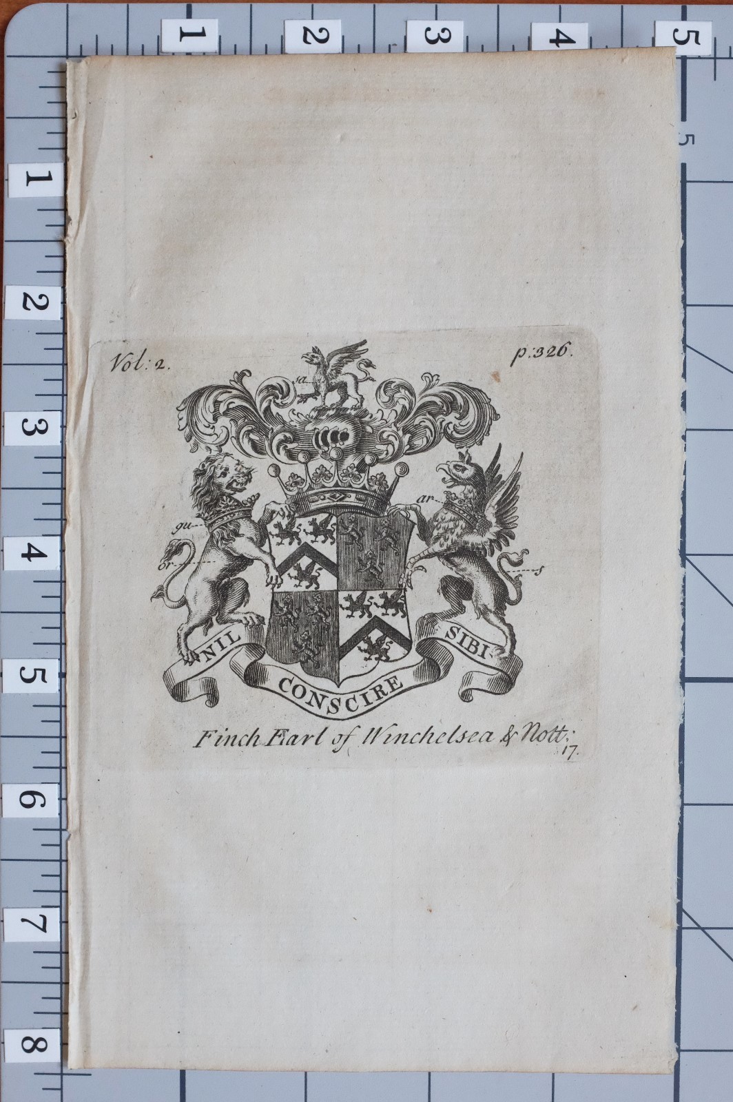 1756 ANTIQUE PRINT FAMILY CREST COAT OF ARMS FINCH EARL OF WINCHELSEA ...