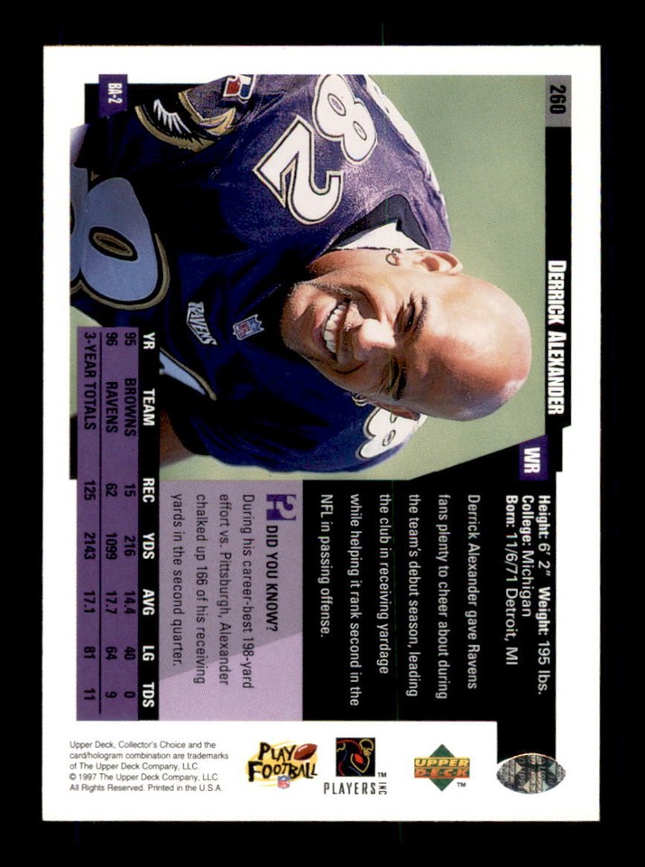 1997 Football Upper Deck Derrick Alexander Baltimore Ravens #260 | eBay