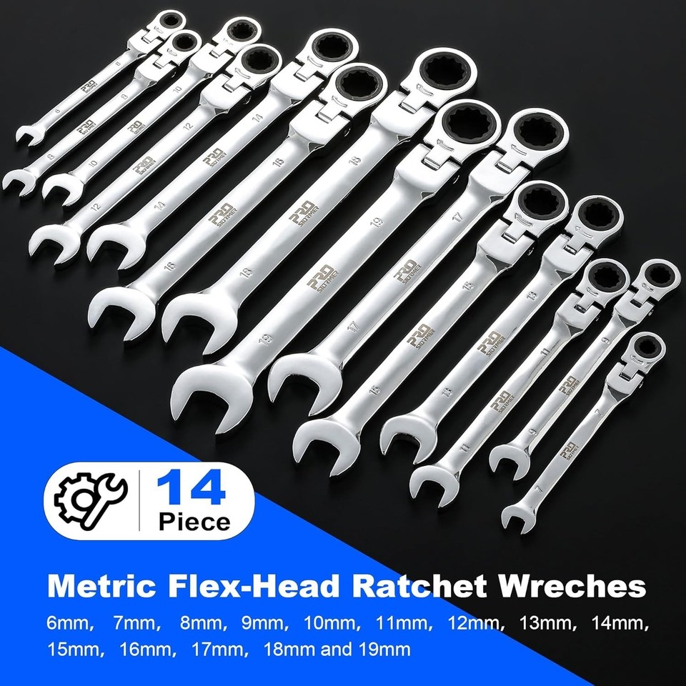 Luxury 14-Piece Metric Flex-Head Ratcheting Wrench Set - Supreme Chrome ...