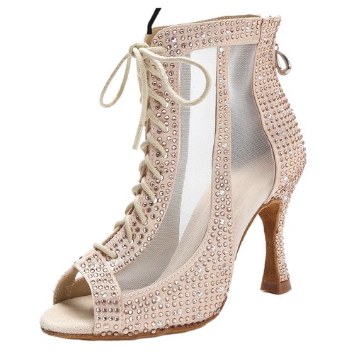 Rhinestone Latin Dance Boots Women Sexy Belly Dance Shoe Ballroom Mesh ...