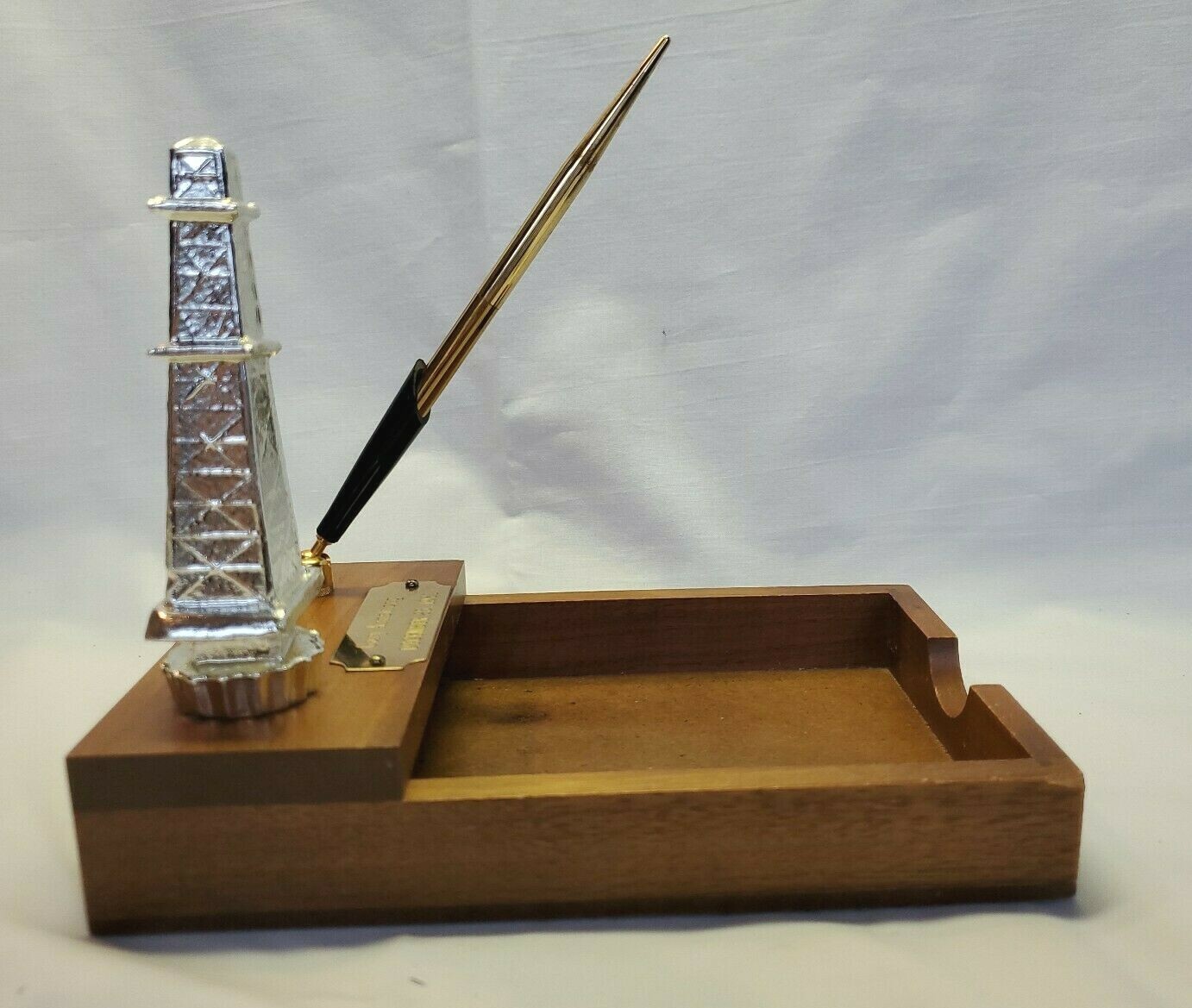 Vintage Wood Desk Note Paper Holder TEXAS OIL DERRICK With Gold Quill ...