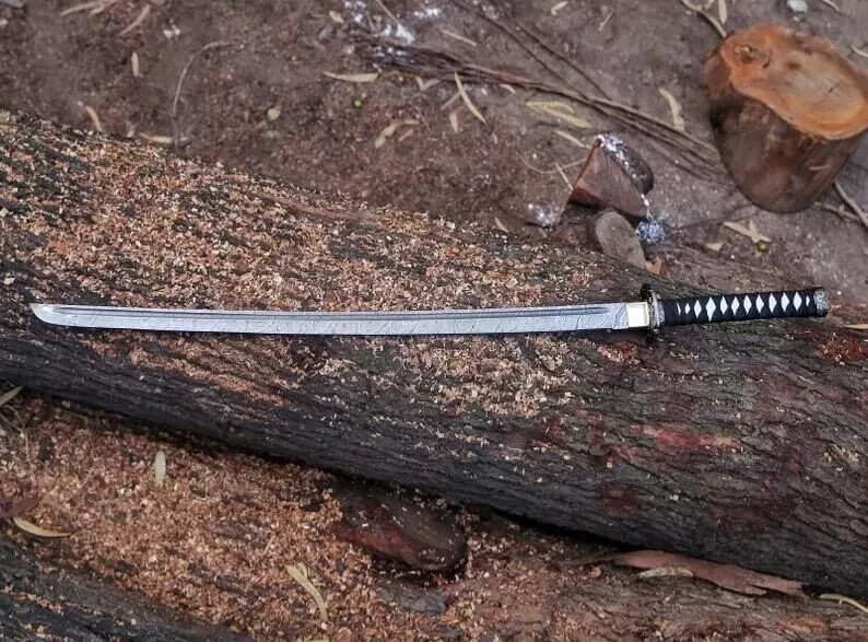 Japanese Battle Sword Samurai Katana Sharp Damascus Steel Blade Full ...