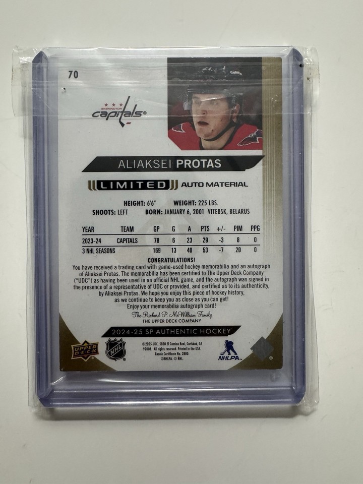 2024-25 UD SP Authentic AUTOGRAPH PATCH ALIAKSEI PROTAS AUTO 23/100 | eBay