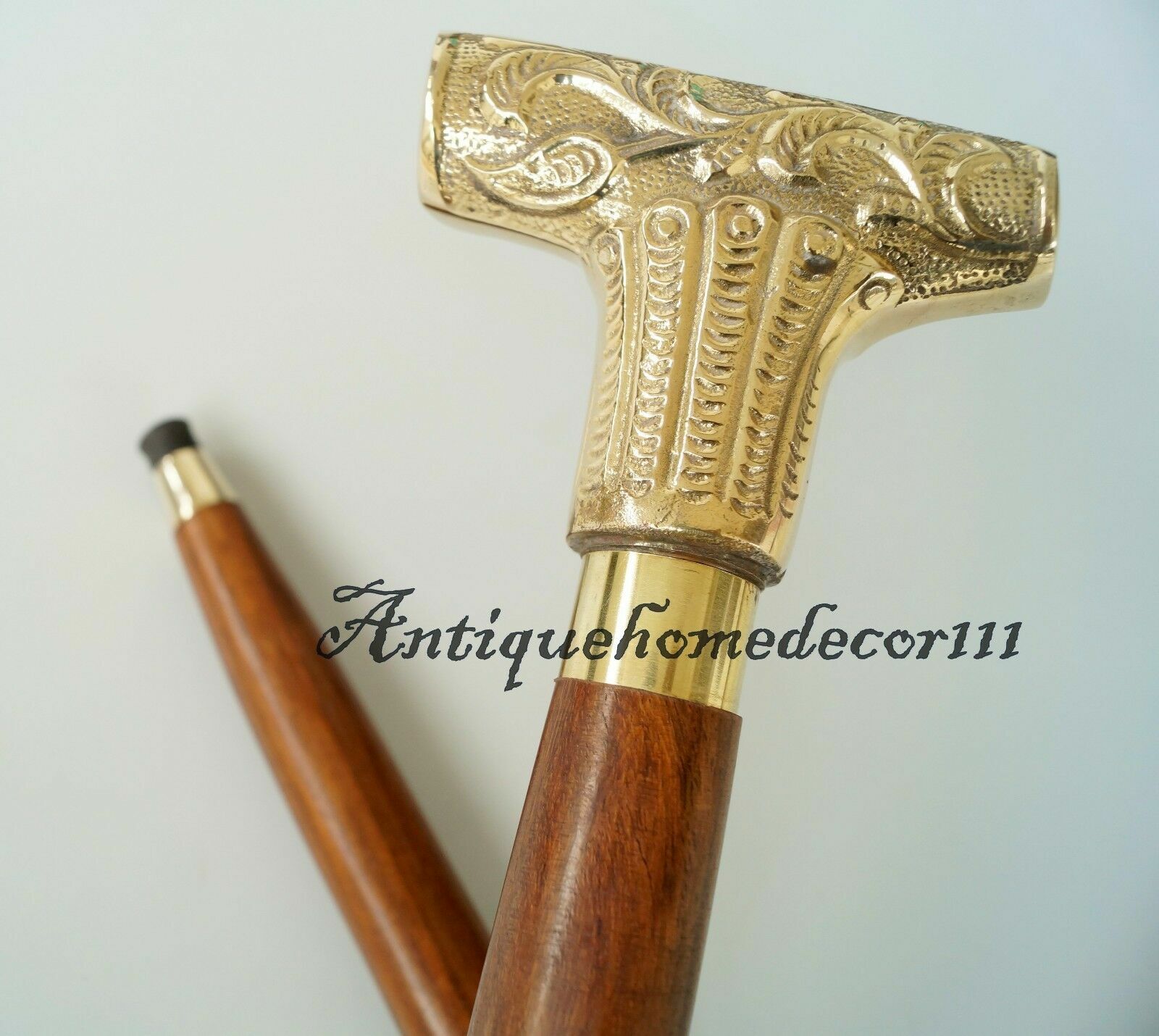 Vintage Canes Wooden Walking Stick Antique Brass Head… - Gem