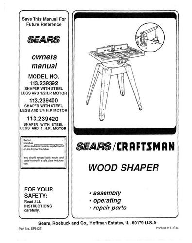 Craftsman 113.239420 113.239392 113.239400 Shaper Instruction Manual | eBay