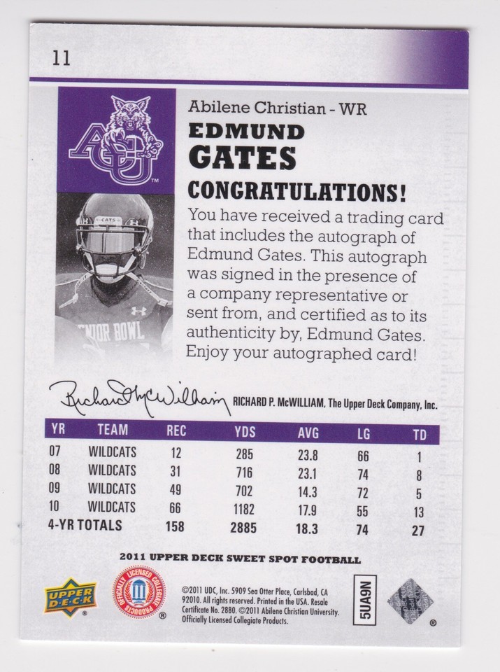 2011 UD Sweet Spot RC Auto NCAA #11 Edmund Gates Abilene Christian ...