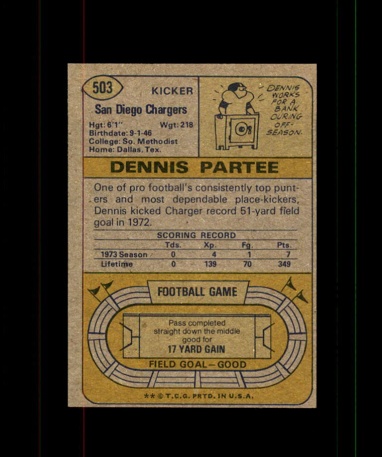 1974 TOPPS FOOTBALL CARD SAN DIEGO CHARGERS #503 DENNIS PARTEE NR.MINT ...