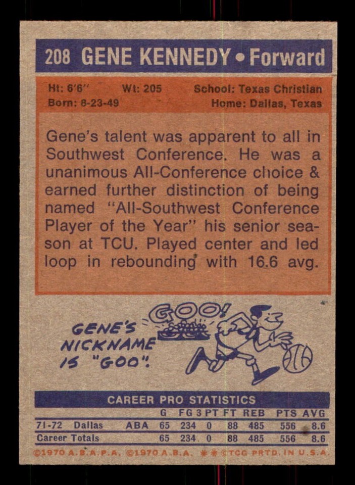 1972 Topps Basketball #208 Gene Kennedy VG *e3 | eBay