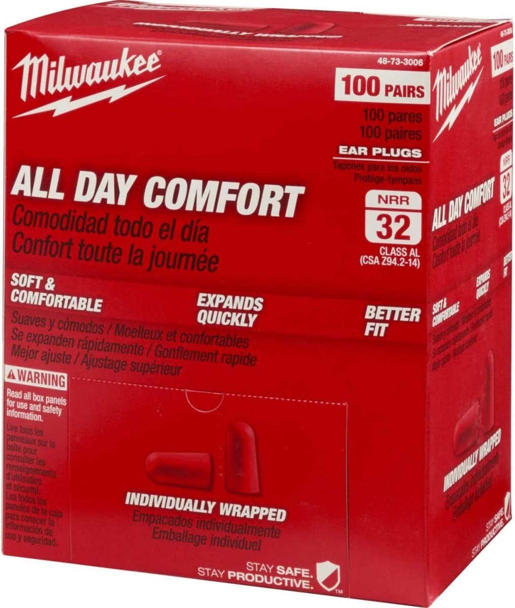 Milwaukee All Day Comfort Ear Plugs - Individually Wrapped (Box of 100 ...