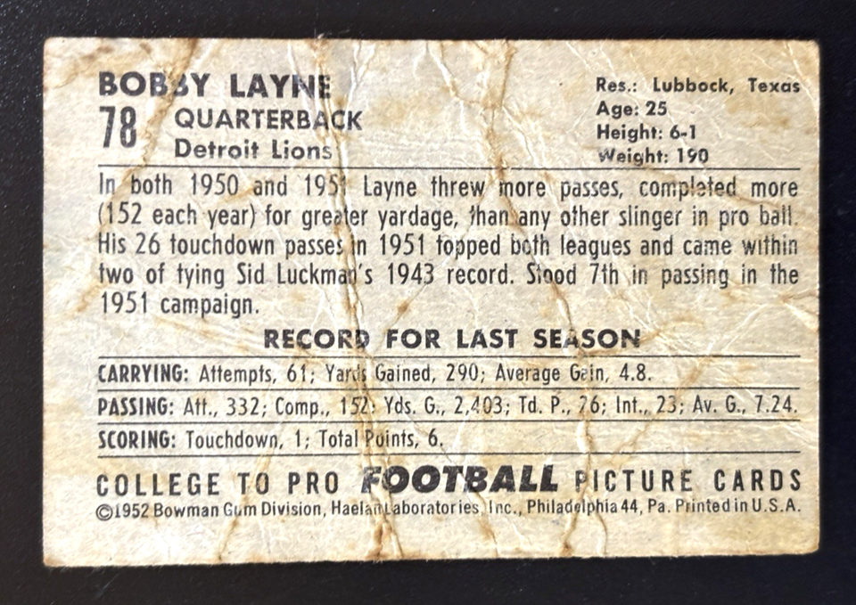 Vintage 1952 Bowman Football Small #78 Bobby Layne Lions HOF LOW GRADE ...