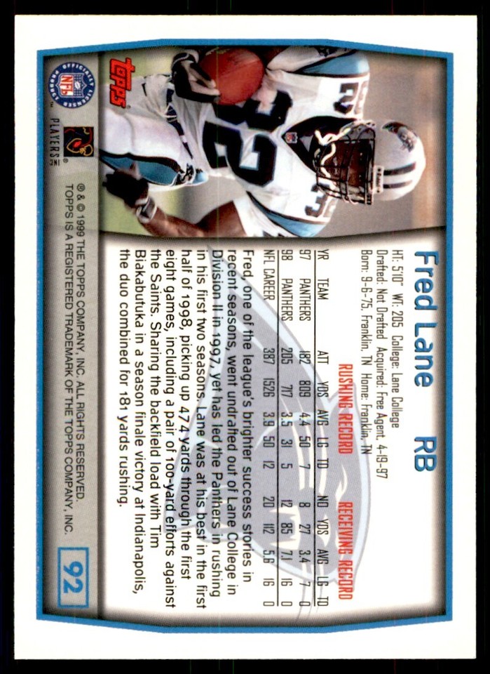 1999 Topps Fred Lane Carolina Panthers #92 | eBay