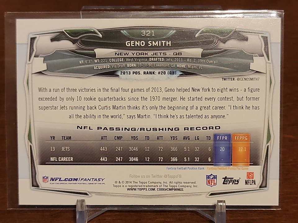 Geno Smith 2014 Topps Football base card #321 New York Jets | eBay