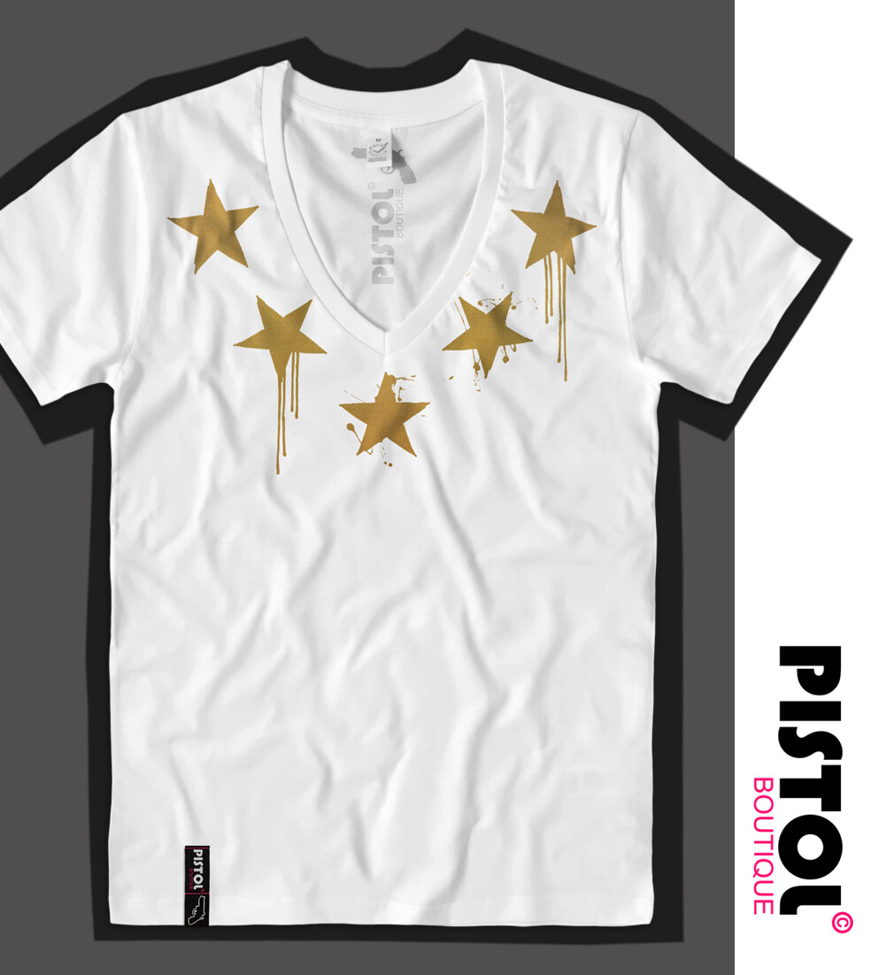 Pistol Boutique Men's Fitted White Deep V neck GOLD neck SKETCH STARS T ...