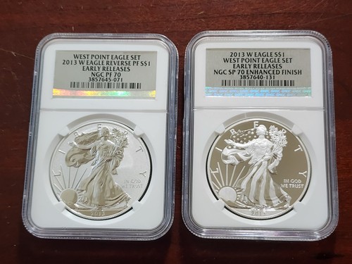 2013 W REVERSE PROOF SILVER EAGLE NGC PF70 & ENHANCED SP70 2 COIN WEST ...