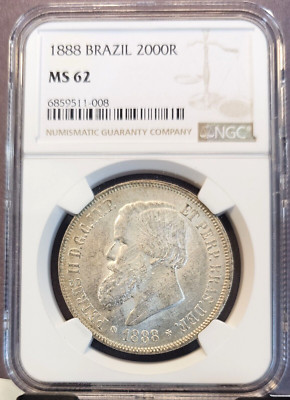 1888 BRAZIL SILVER 2000 REIS PEDRO II CROWNED ARMS NGC MS 62 BEAUTIFUL ...