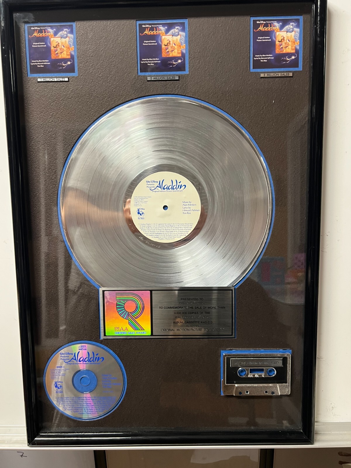 RIAA CERTIFIED SALES AWARD WALT DISNEY ALADIN 3M copies DISNEY RECORDS ...