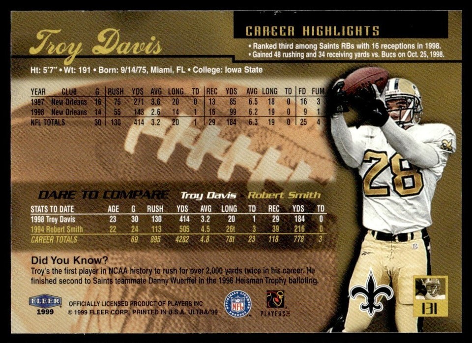 1999 Fleer Ultra Troy Davis New Orleans Saints #131 | eBay
