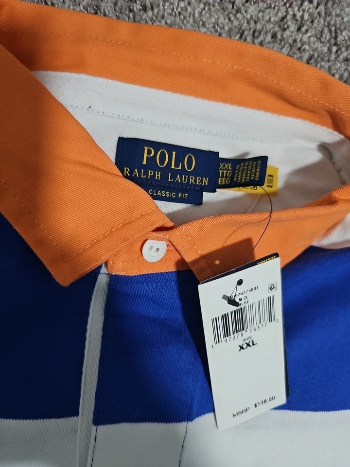Polo Ralph Lauren Men's White/Blue Bold Stripe Classic Fit Rugby Polo ...