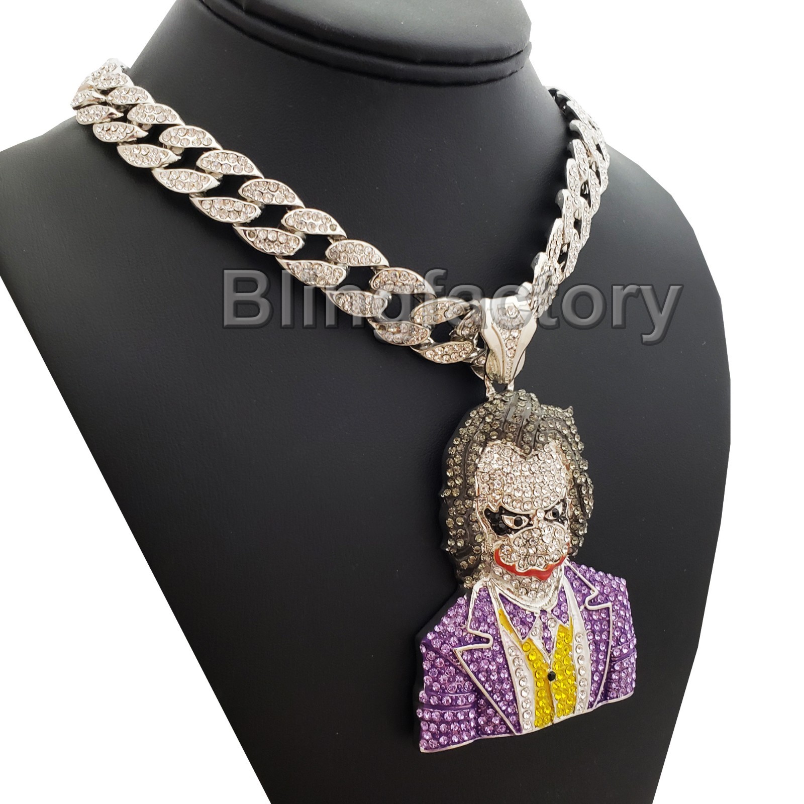 Hip Hop Large JOKER Pendant & 18" Full Iced Miami Cuban Choker Chain ...