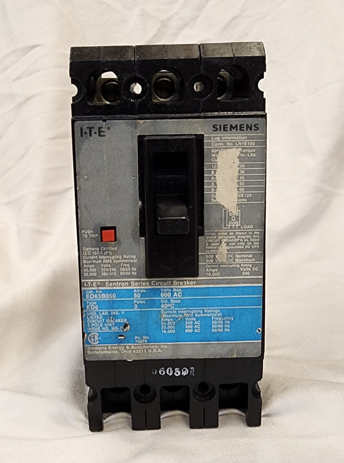 $200 OBO!!! ITE / Siemens Sentron Series ED63B050 50A 3 Pole 3 Phase ...