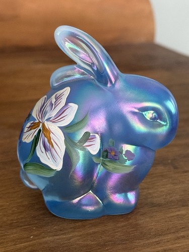 Fenton Hand Painted Floral Blue Iridescent Bunny Rabbit Figurine | eBay