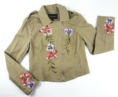 Jealous Tomato Moto Khaki Embroidered Floral Women's Jacket Size Small ...