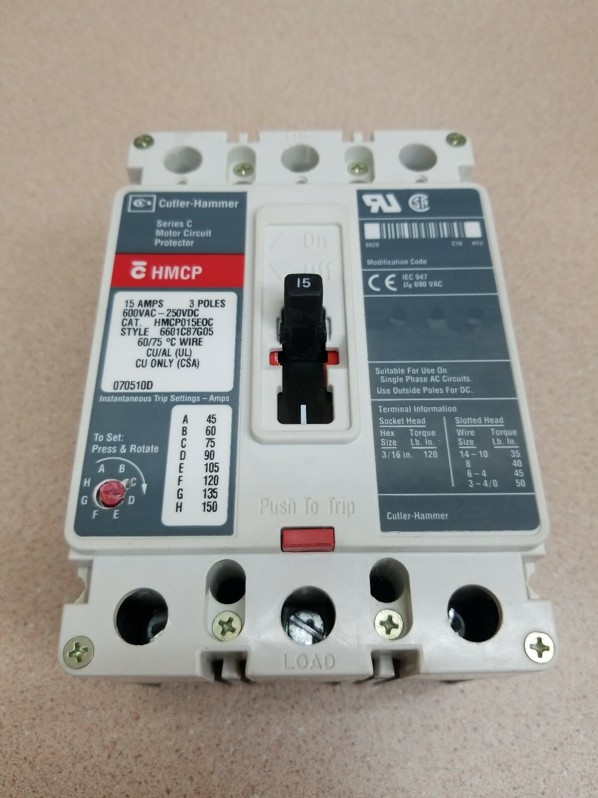 WESTINGHOUSE HMCP015E0C 15AMP, 600V, 3 POLE TYPE HMCP CIRCUIT BREAKER ...
